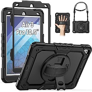 SEYMAC for iPad Air 3 Case 10.5'' for iPad Pro 10.5 Case, Heavy Duty Full-Body Shockproof Protective Case with Screen Protector, 360° Rotating Stand, Hand/Shoulder Strap for iPad Air 3rd Gen, Black
