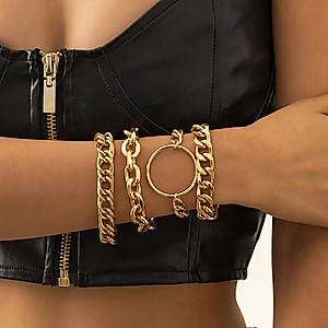 JWICOS Gold Chunky Chain Bracelet for Women Charm Boho Bracelet for Women Flat Cable Chunky Chain Bangle with Circle Set of 4 (Gold)