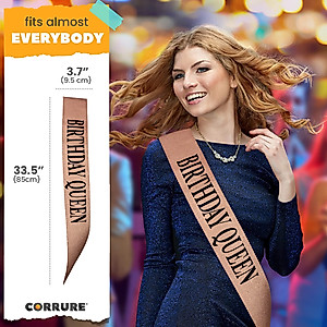 CORRURE 'Birthday Queen' Sash Glitter with Black Foil - Rose Gold Glitter Happy Birthday Sash for Women - Party Favors Supplies and Decorations for Sweet 16, 18th 21st 30th 40th or Any Bday Party