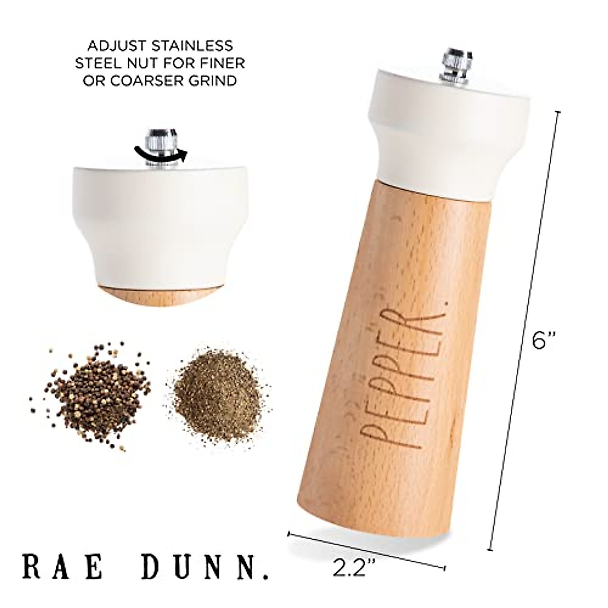 Rae Dunn Salt and Pepper Grinder Set of 2 - Bamboo Sea Salt Pepper Grinder - Classy Salt and Pepper Shakers - Pepper Mill & Salt Mill, Brown