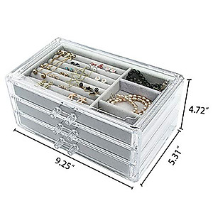 Acrylic Jewelry Box 3 Drawers, Velvet Jewellery Organizer, Earring Rings Necklaces Bracelets Display Case Gift for Women, Girls