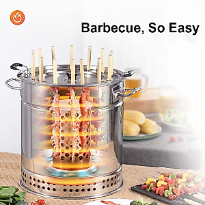 INLETTER Portable Vertical Charcoal Smoker Grill Barrel Grill with 28 Skewers, Outdoor Indoor Camping Smokeless Charcoal Barbecue Grill BBQ,L