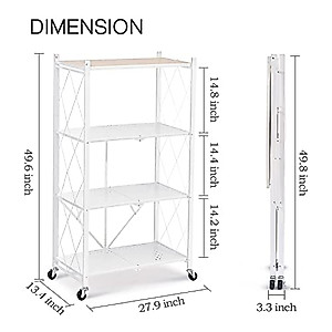 TOOLF 4-Tier Foldable Shelving Unit, Freestanding Metal Storage Shelf with MDF Tabletop, No Assembly Storage Shelves with Wheels for Garage Kitchen Bakers Closet Pantry, Heavy Duty Shelving