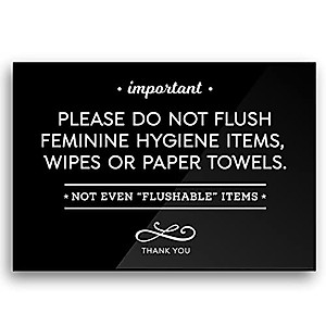 3.5x5 Inch Designer Bathroom Sign, Do Not Flush Feminine Hygiene Items, Wipes, Paper Towels ~ Ready to Stick ~ Premium Finish, Durable