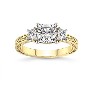 3 ct IGI Certified Cushion Shape Lab Grown Diamond Ring | 14K Or 18K White, Yellow Or Rose Gold | Valencia Three Stone Vintage Ring | FG-VS1-VS2 Quality Friendly Diamonds
