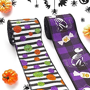 Threetols 2 Rolls 10 Yards Halloween Wired Edge Ribbon, 2.5inch Black Purple Buffalo Plaid Ribbon, Candy Skull Black White Stripe Glitter Dot Ribbon for Halloween Party DIY Craft Wreath Decor