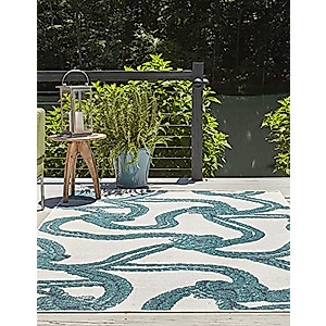 Unique Loom Outdoor Coastal Collection Area Rug - Tethered (7' 10" x 10' Rectangle, Ivory/ Navy Blue)