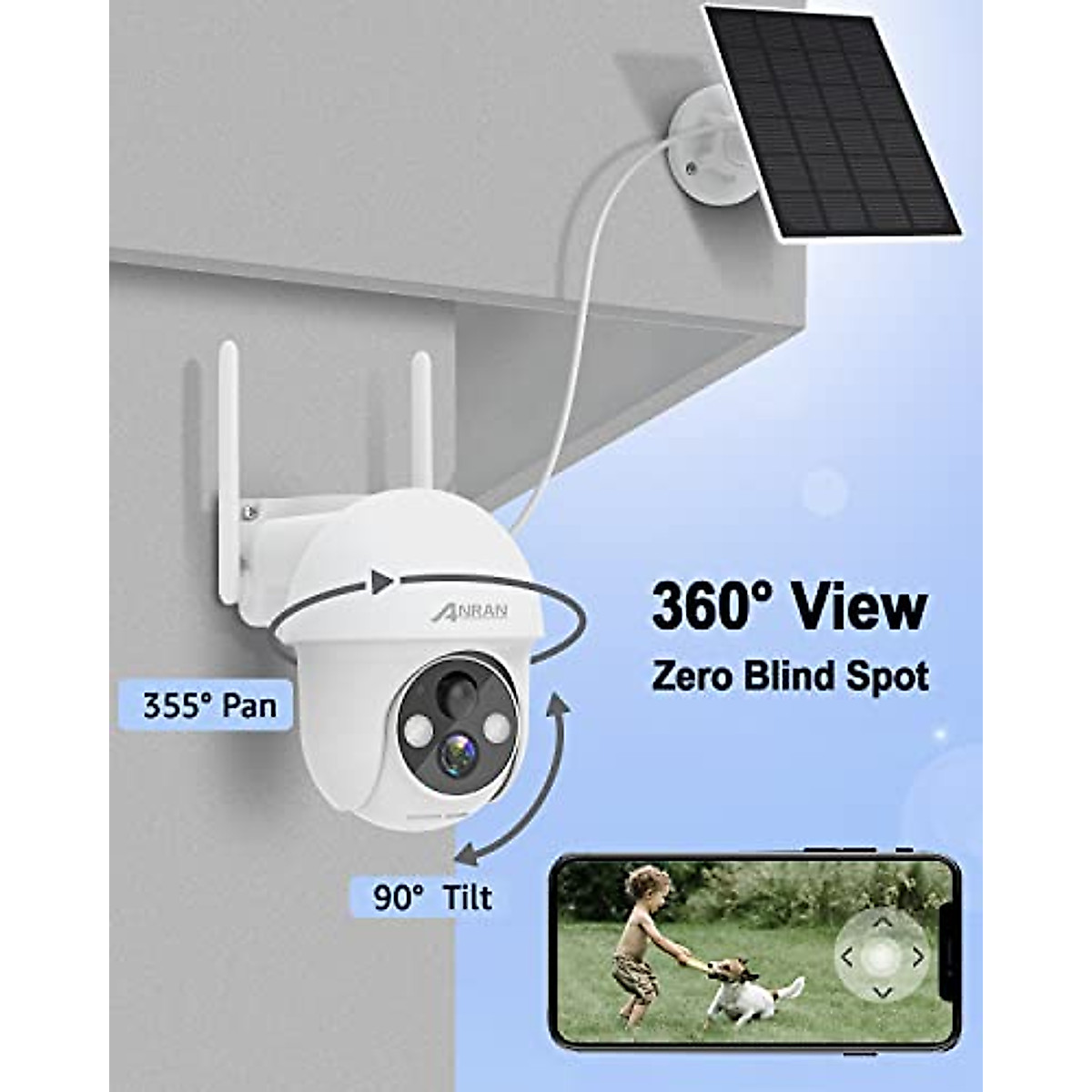 ANRAN Security Camera Wireless Outdoor, 2K Solar Outdoor Camera with 360° View, Smart Siren, Spotlights, Color Night Vision, PIR Human Detection, Pan Tilt Control, 2-Way Talk, IP65, Q1 White
