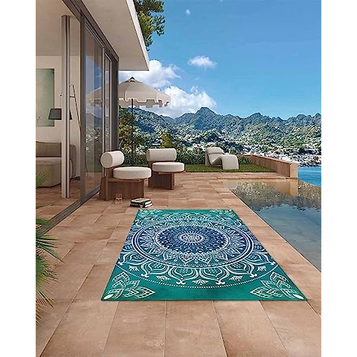 Outdoor Rugs, Waterproof Indoor Carpet, Blue and Green Medallion Custom 4'x6' Outside Area Rug for Patios RV Camping Beach Floor Mat for Balcony Bed Room Living Room Dining Room Mat