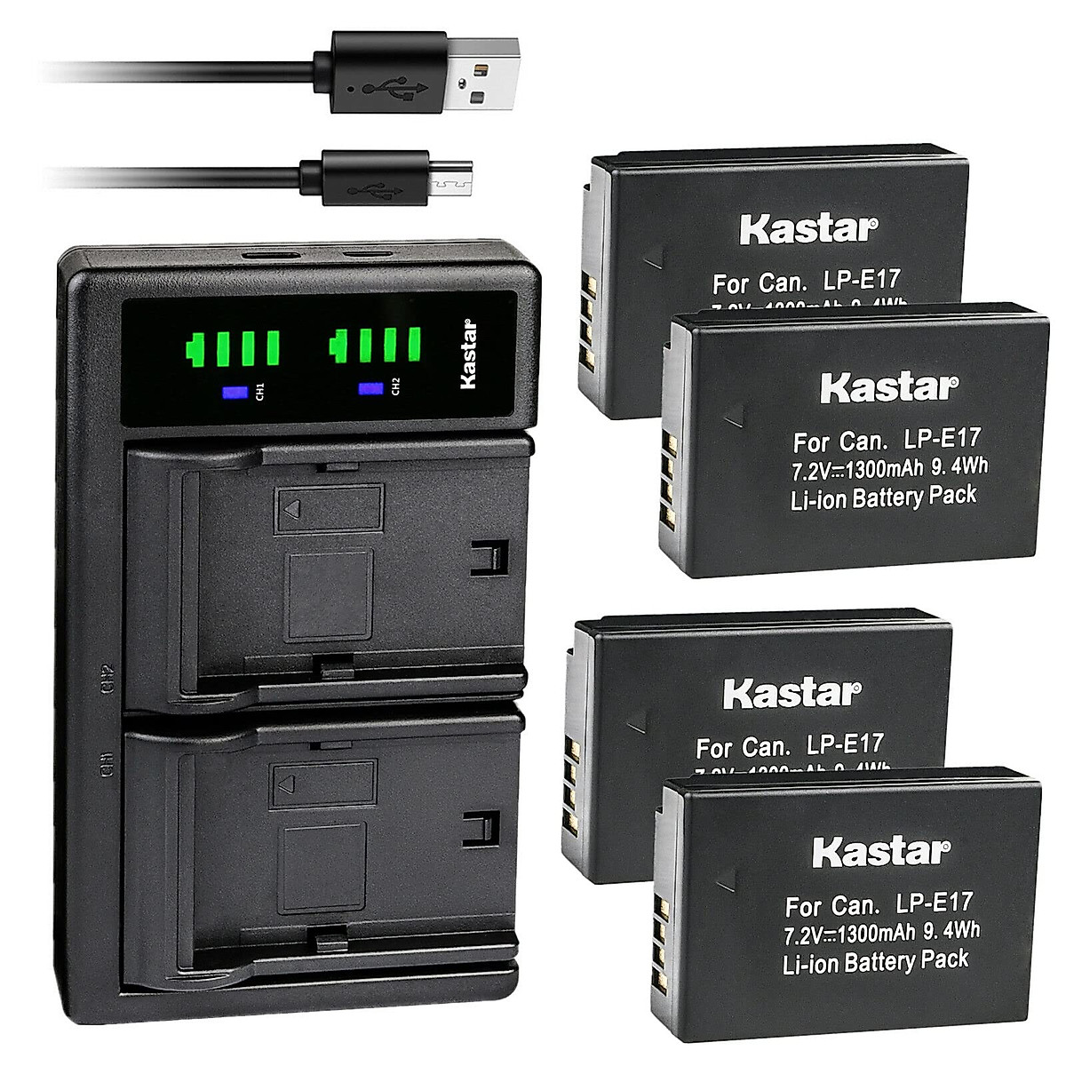 Kastar 4-Pack Battery and LTD2 USB Charger Replacement for Canon LP-E17, 9967B02, BG-E18 IR Battery Grip, EOS R8, R50, R100, 200D, 750D, 850D Cameras