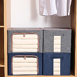 Clothes Storage Bins Boxes, 2 Pack Large Foldable Storage Bags with Clear Window/Durable Handles for Clothes, Metal Frame Clothes Storage Containers Organizer Set for Bedding, Blankets, Toys, Books(Dark gray, 66L)