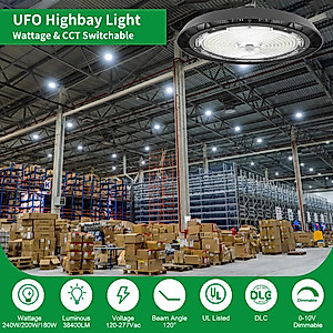 UFO LED High Bay Light with Sensor Base, 120-277Vac, 180W to 240W Adjustable Watt and CCT 3500K to 5000K, IP65 Commercial Bay Lights with 6ft Wire, 0-10V Dim Warehouse Lighting, ETL Listed, 1PK