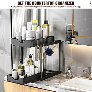 2 Pack Under Sink Organizer with Hooks & Hanging Cups, 2-tier Double Pull-out Drawer Kitchen Under Sink Storage for Canned Sauce, Salad etc, Bathroom Counter Organizer for Spice Makeup Cosmetics