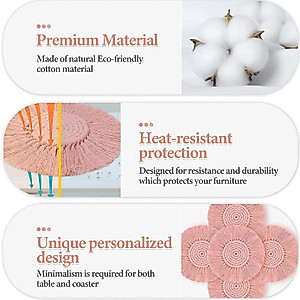 2 Pack Macrame Pink Coasters for Drinks, 7in Woven Boho Coaster Set, Handmade Absorbent Cotton Boho Coasters for Wooden Table Decor Boho Home Decor Housewarming Gift