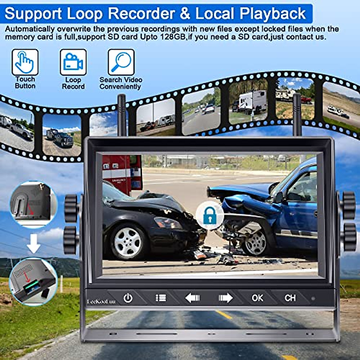 LeeKooLuu RV Backup Camera Wireless Waterproof 7'' LCD Split Screen DVR ...