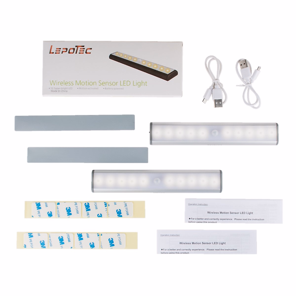 Wireless Motion Sensor Cabinet Lights 10-LED USB Rechargeable Closet Lights LED Under Cabinet Lighting for Wardrobe/Drawer/Stairs/Cupboard/Counter/Pantry/Stairs,Stick On Anywhere,2 Pack,White Light