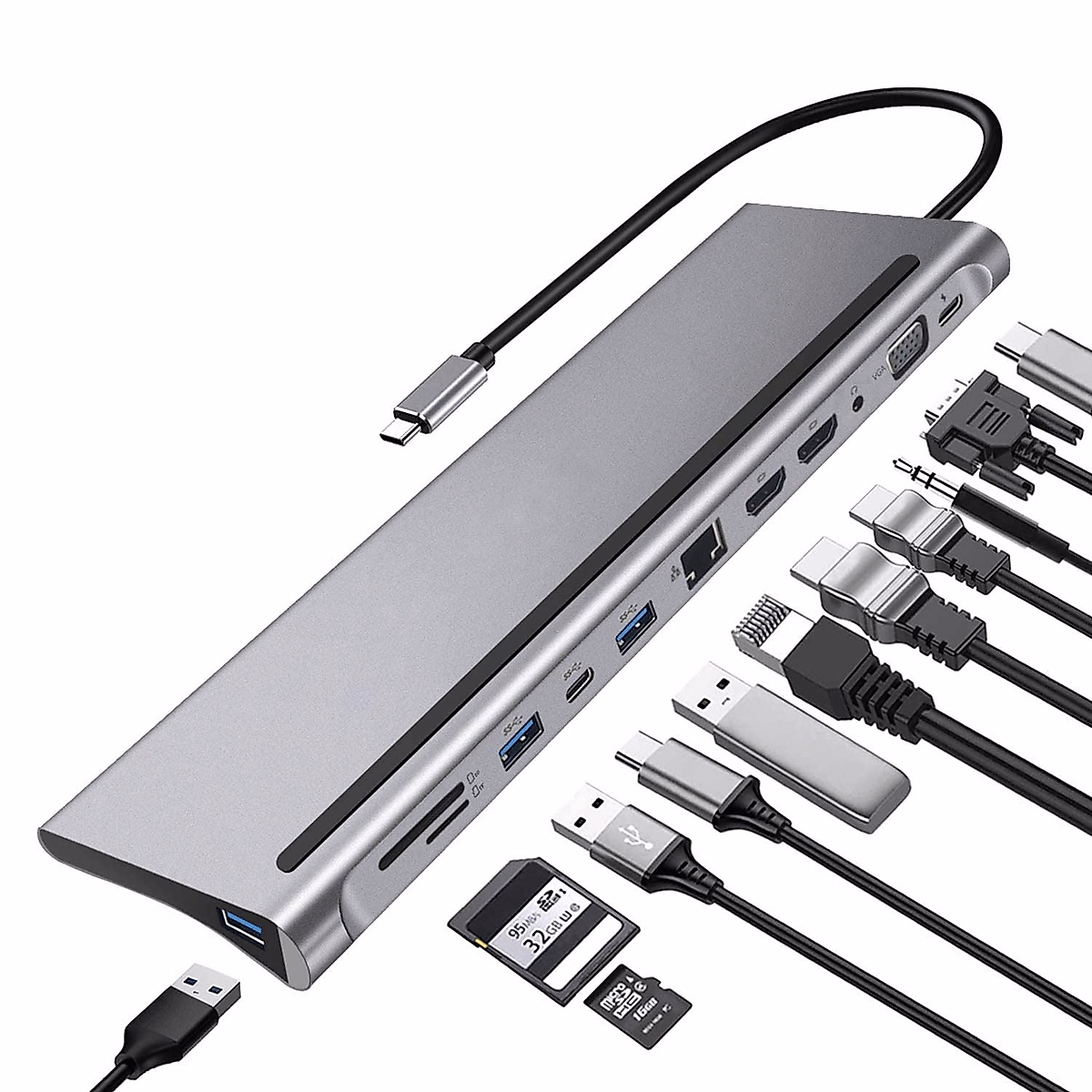 Feilx Ultra-Slim Data USB Hub,12 in 1 USB C Hub Laptop Docking Station Type-C to Dual HDMI-Compatible/VGA/USB 3.0 Hub/PD/RJ/Micro-SD/TF Card Dock Adapter