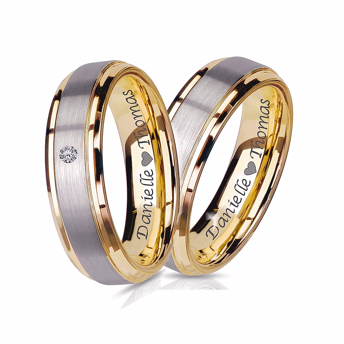 Personalized Two Tone Brushed Silver & Gold Ring Set Custom Engraved Free - Couple's Ring Set - Wedding Band Set - Ships From USA