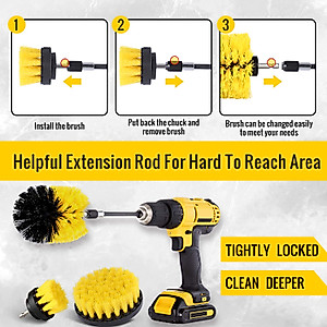 HIWARE Drill Brush Attachment Set, Yellow, Plastic Handle, 3 Sized Brush Heads for Cleaning Bathtub, Shower, Floor, Carpet, Kitchen, Bathroom, and More