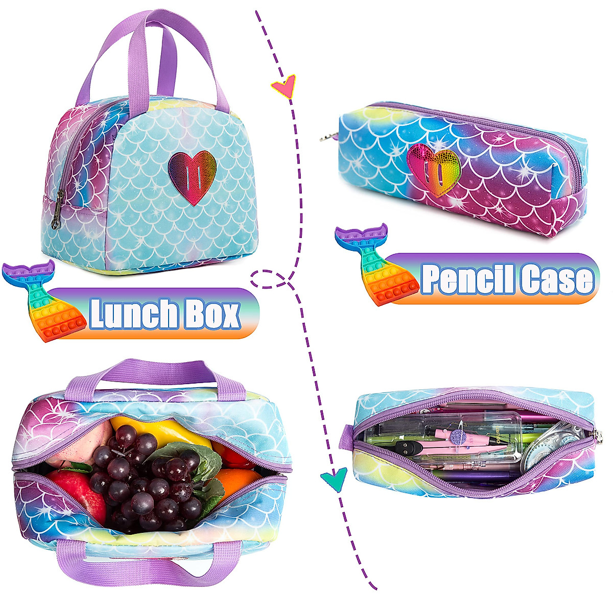 Mermaid Backpack for Girls Backpacks for Elementary Preschool Student with Lunch Box Pencil Case 3 in 1 Bookbag for Girls for School