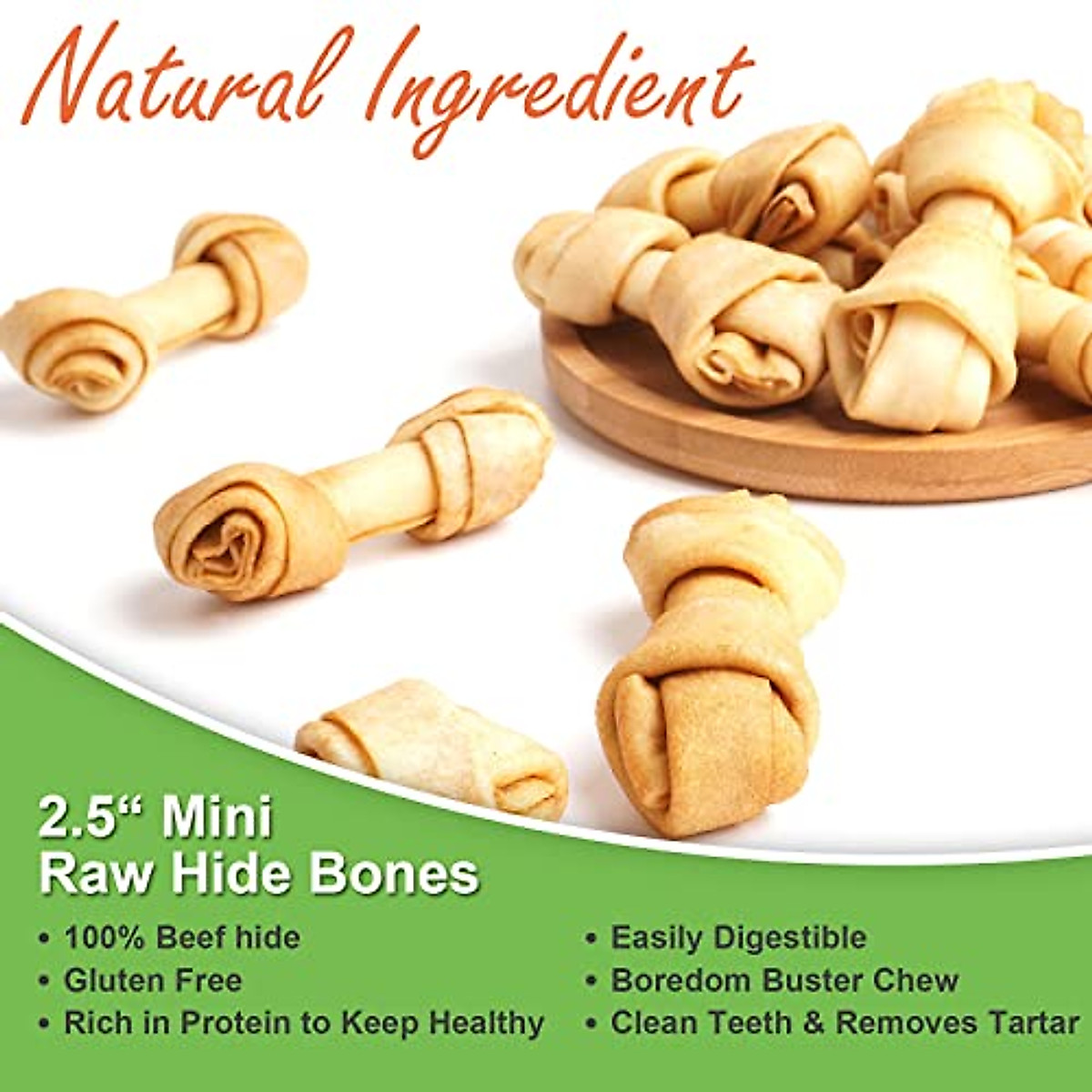 MON2SUN Dog Rawhide Knot Bones Small Rawhide Bones Mini Dog Chews Chicken Flavour 2.5 Inch 60 Count for Puppy and Small Dogs