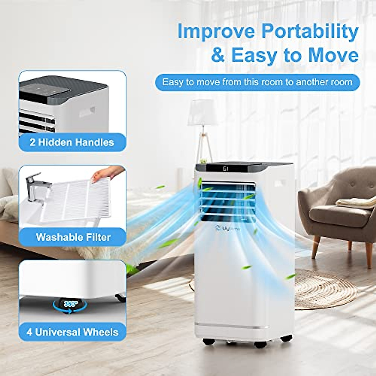 Wiytamo 10,000 BTU Portable Air Conditioners for Room Up to 450 Sq.Ft, 4-in-1 Portable AC Unit, Heater, Dehumidifier & Fan with Remote Control, Self Evaporation System, LED Display