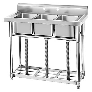 Gaomon Stainless Steel Sink, Commercial Kitchen Prep & Utility Sink Free Standing 3-Compartment with Shelf for Restaurant Laundry Garage Bar Workshop(3 Compartment with Shelf, 38.9"L x 17.7"W x 37"H)