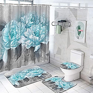 DuoBaorom 4 Pieces Set Teal Blue Flower Shower Curtain Set Elegant Floral Picture Print on Non-Slip Rugs Toilet Lid Cover Bath Mat and Bathroom Curtain with 12 Hooks 72x72inch