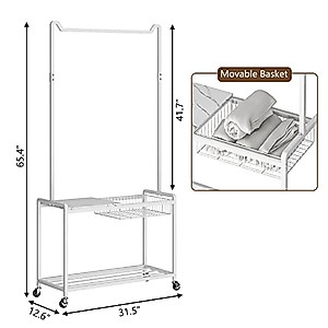 XYZLVSI 3-Tier Rolling Clothing Garment Rack for Hanging Clothes, 3-in-1, with Coat Rack, Movable Basket and 2 Storage Shelves, White