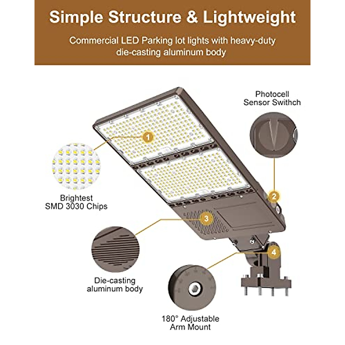 LED Parking Lot Light 320W 44800LM LED Shoebox Light Adjustable Arm Mount 5000K LED Pole Lights Outdoor, IP65 Commercial Area Street Lighting with Photocell for Parking Lot Roadway, UL&DLC
