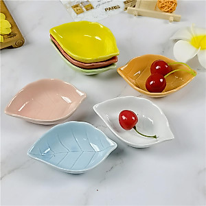 WAIT FLY Leaves Shaped Pattern Ceramic Seasoning Dishes/Tea Bag Holders/Ketchup Saucer/Appetizer Plates/Vinegar Spice Salad Soy Sushi Wasabi Seasoning Dipping Bowls-Yellow-4 PCS