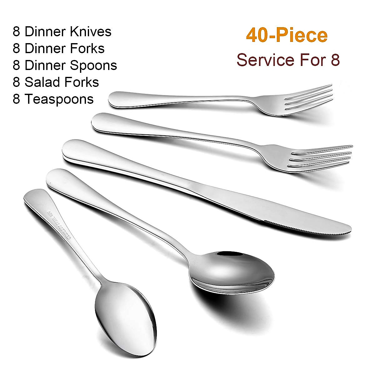 40-Piece Silverware Set, Wildone Stainless Steel Flatware Cutlery Set Service for 8, Modern Tableware Utensils Set for Home and Restaurant, Mirror Finish, Dishwasher Safe