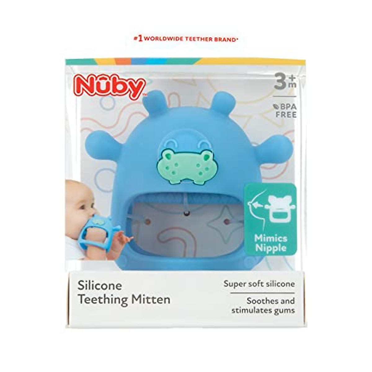 Nuby Silicone Wrist Teething Mitten - Baby Teether Ring - 3+ Months - Hippo