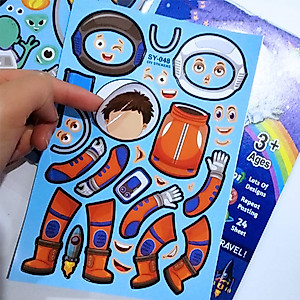 Mocossmy Make a Face Stickers Sheets,24 Sheets Make Your Own Astronaut UFO Rocket Mix & Match Space Themed Stickers,DIY Stickers for Kids Art Crafts School Rewards Birthday Party Favor Supplies Games