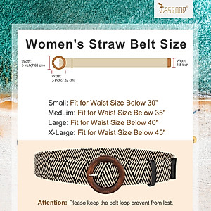 JASGOOD Set of 4 Women Skinny Elastic Dress Belt, Straw Woven Stretchy Waistband Fashion Large Style Buckle (Black+Beige+Stripe+Khaki,Waist Size Below 35 Inch)