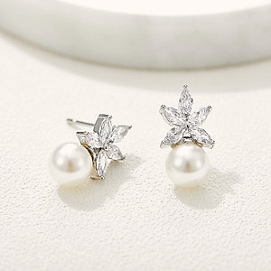 SWEETV Cluster Pearl Wedding Earrings for Birdes Bridesmaid, Crystal CZ Pearl Stud Earrings for Women, Prom, Ivory