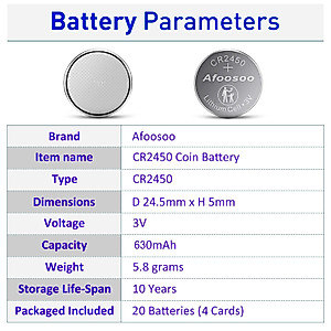 CR2450 3V Lithium Coin Battery – 20 Pack CR2450 Battery for Xfinity Alarm Car Remote Ford Key Fob Battery CR2450 MYQ Garage Door Opener Sensor Votive Flameless Candles Welding Helmet Replacement