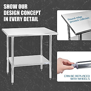 HALLY Stainless Steel Table for Prep & Work 24 x 36 Inches, NSF Commercial Heavy Duty Table with Undershelf and Galvanized Legs for Restaurant, Home and Hotel