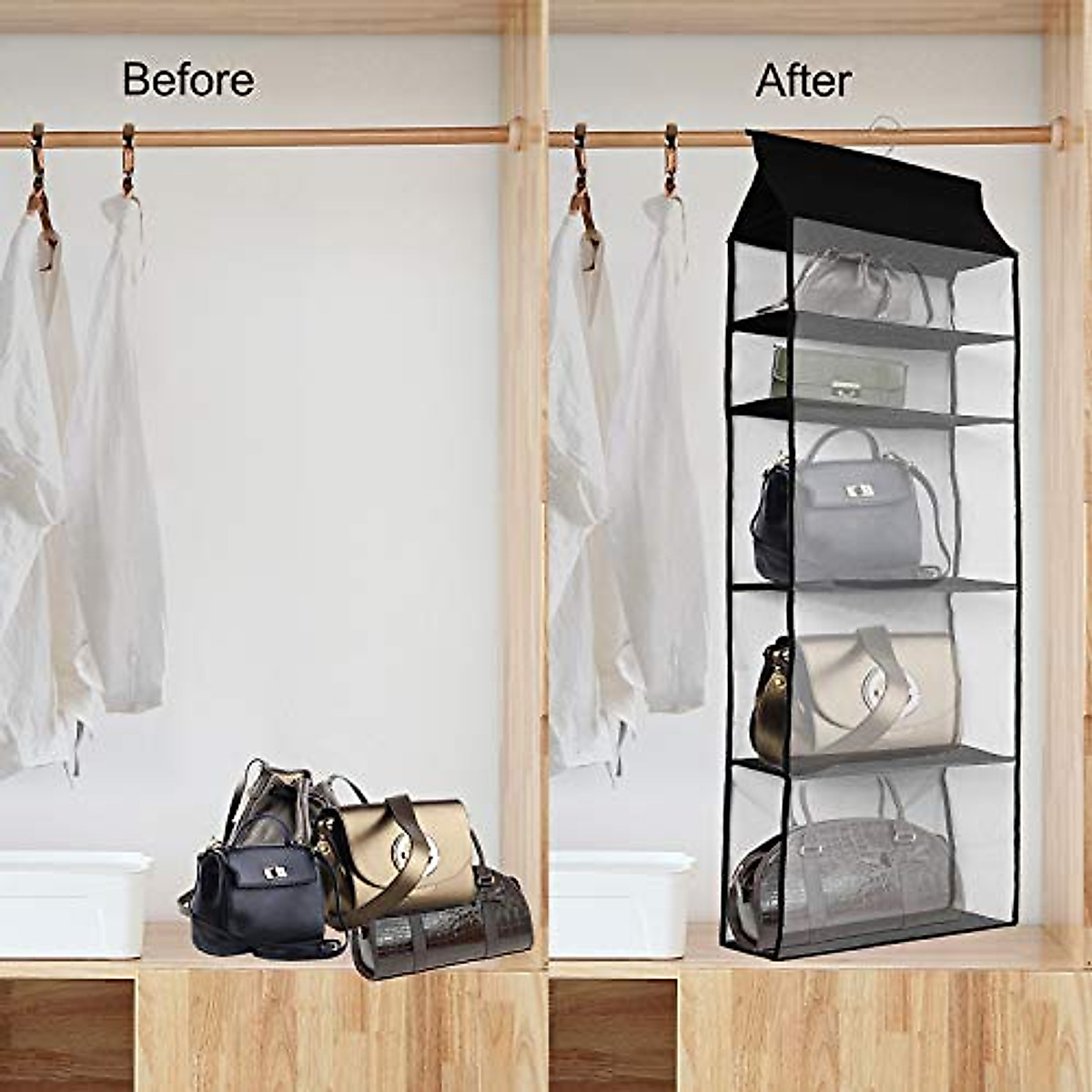 Dearjana Improved Closet Handbag Purse Holder with 5 Large Heavy-Duty Mesh Shelves, Space Saving Hanging Handbag Storage Tote Bag Organizer Holder for Wardrobe Closet(Black)