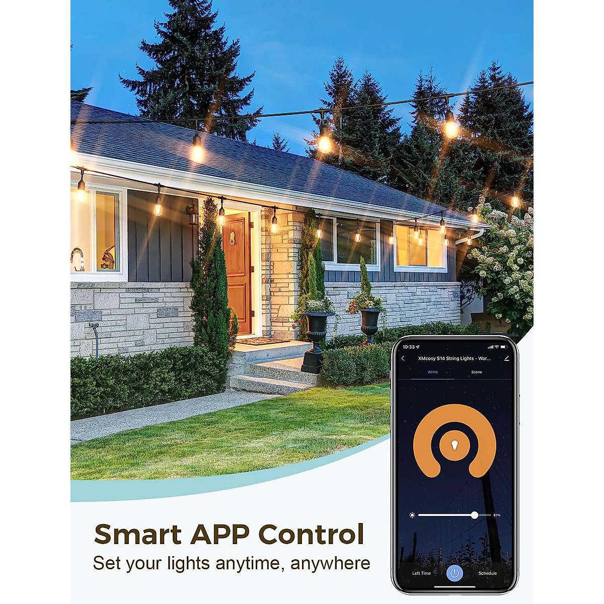 XMCOSY+ Outdoor String Lights, Smart Patio Lights 49Ft, APP WiFi Control, Work with Alexa, 15 LED Edison Bulbs, Waterproof, Extendable, Dimmable String Lights for Outside, Patio, Porch