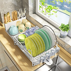 PXRACK Dish Drying Rack, Expandable(19.1"-26.9") Large Capacity Dish Rack and Drainboard Set, Stainless Steel Dish Drainers with Utensil Holder for Kitchen Counter, White