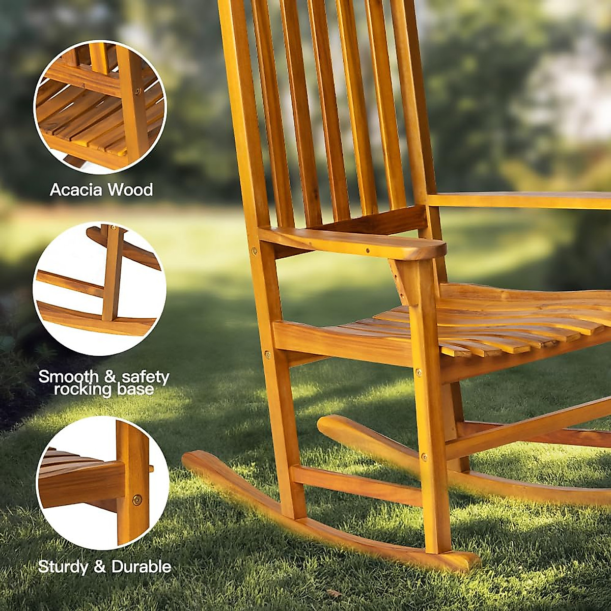 Panana Acacia Wood Rocking Chair Outdoor Porch Rocker with Cushion for Patio, Garden, Balcony, Backyard, Living Room