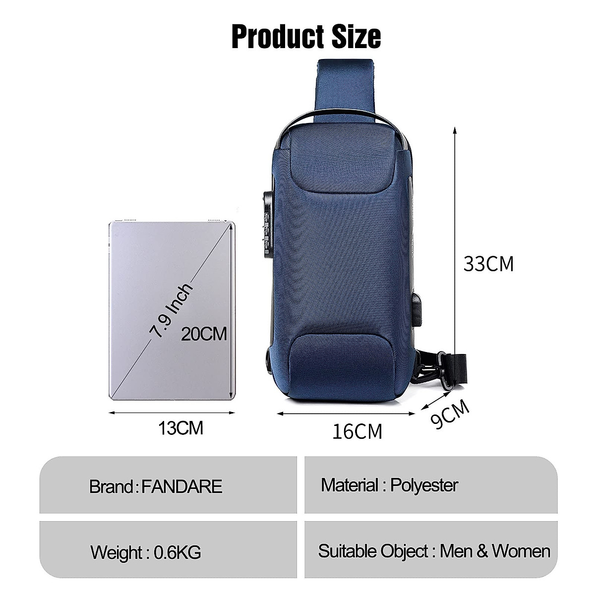 FANDARE Anti-Theft Sling Bag Chest Shoulder Backpack Crossbody Bags for Men Women Cover Pack Hiking Small Rucksack with USB Charging Port for Business Travel Hiking Bicycle Sport Gym Pack New Blue