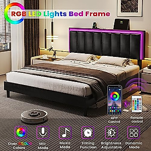 DICTAC Queen Bed Frame with LED Lights Headboard Modern Upholstered Platform LED Bed Frame Faux Leather Low Profile Platform Bed Frame,Wooden Slats Support, No Box Spring Needed, Easy Assembly, Black