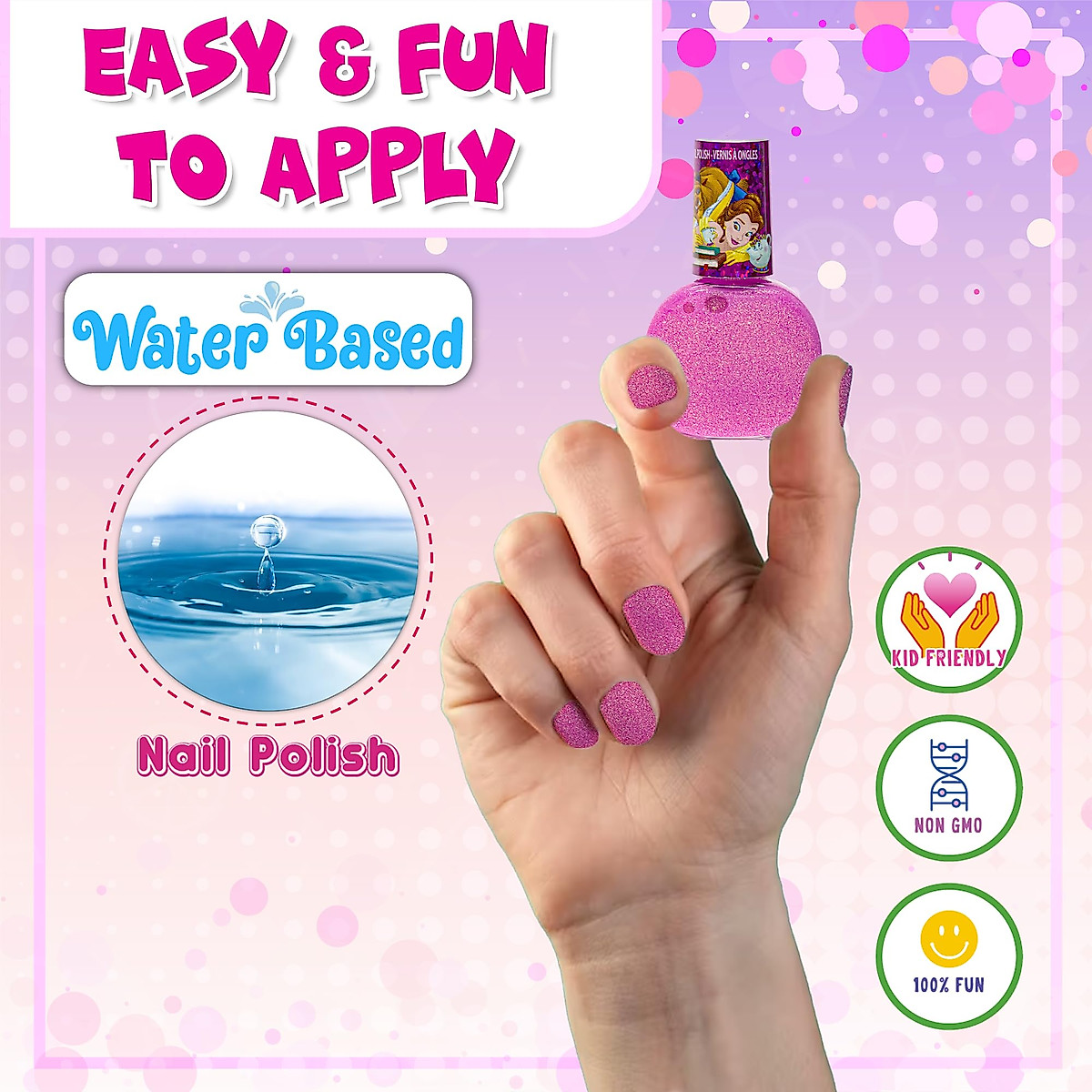 Townley Girl Disney Princess Belle 18 Pcs Non-Toxic Peel-Off Water-Based Safe Quick Dry Nail Polish Kit| Birthday Gift Nail Paint Set for Girls, Glittery and Opaque Colors| Kids Ages 3+