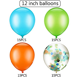 60 Pieces 12 Inch Orange Light Blue Fruit Green Latex Balloons with Confetti Balloon?Dinosaur Balloons and Ribbon for Jungle Jurassic Birthday Party Decorations Supplies