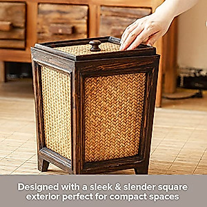 Rattan Basket Wooden Trash Can - Hand Woven Basket Trash Can with Lid - 9"x8.3"x13" Small Garbage Can with Cover - Decorative Natural Wood Garbage Bin for Living Room, Bedroom or Bathroom Trash Can