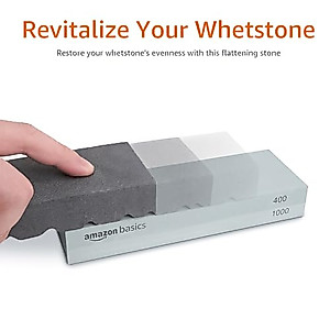 Amazon Basics Whetstone Knife Sharpening Wet Stone Dual Sided 400/1000 and 3000/8000 Grit Stones, Flattening Stone, and Non-Slip 3-PC, Bamboo Base, Black & Grey