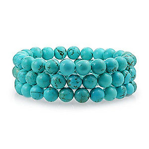 Bling Jewelry Simple Plain Set Of 3 Stabilized Turquoise 8MM Ball Bead Stones Stackable Strands Stretch Bracelet For Women For Teen