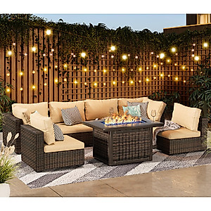 Grezone Patio Furniture Sets 7 Pieces with Fire Pit Table Patio Sectional Outdoor Furniture Patio Sofa Chairs Set PE Rattan Wicker Couch Conversation Set with No-Slip Cushions Waterproof Covers Beige